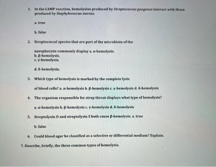 Solved 1. In the CAMP reaction, hemolysins produced by | Chegg.com