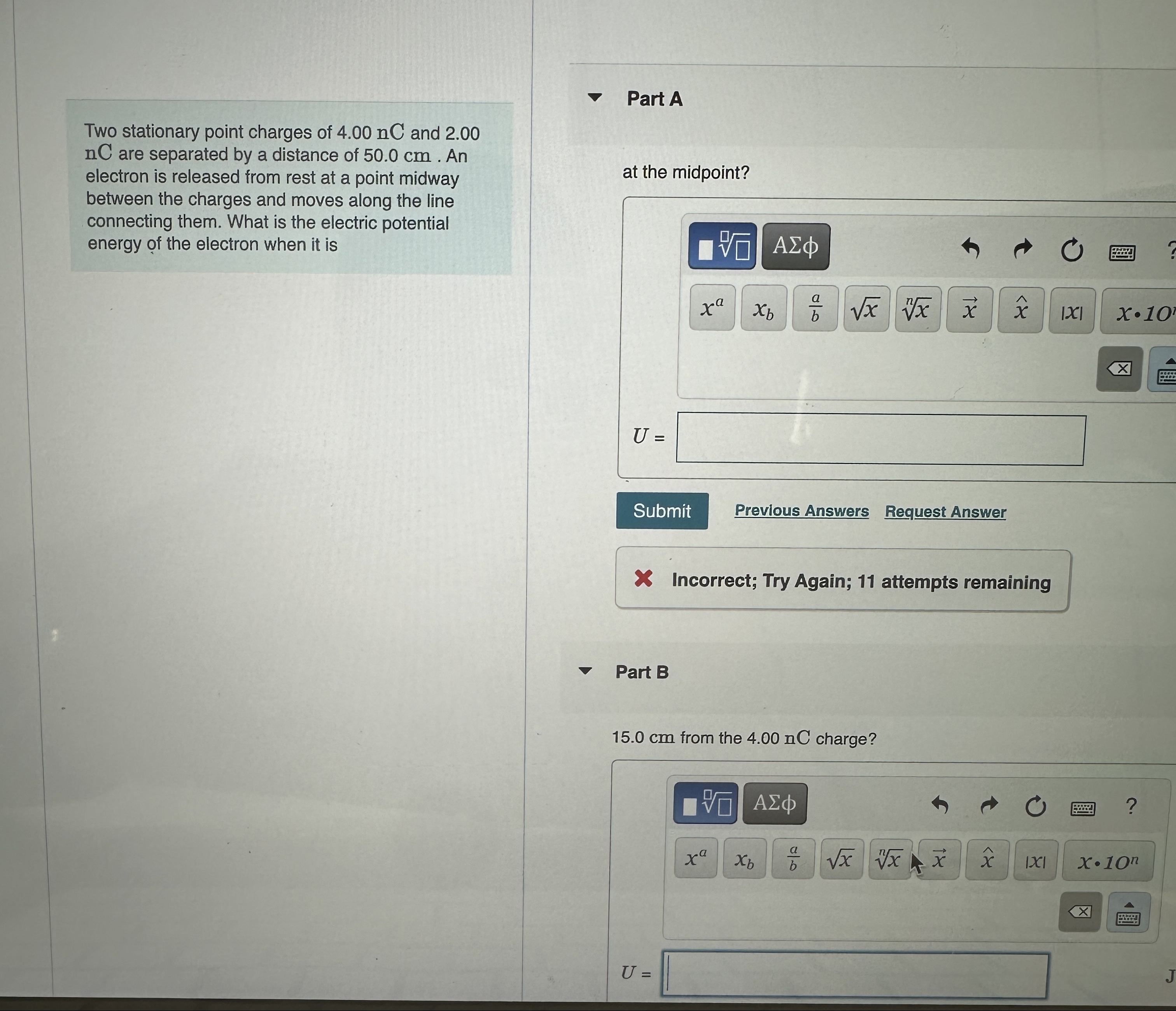 Solved Two stationary point charges of 4.00nC ﻿and 2.00 nC | Chegg.com