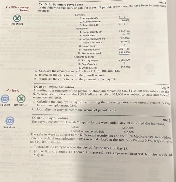 Solved EX 10-10 Summary payroll data a. (3) Totaleamings, In | Chegg.com