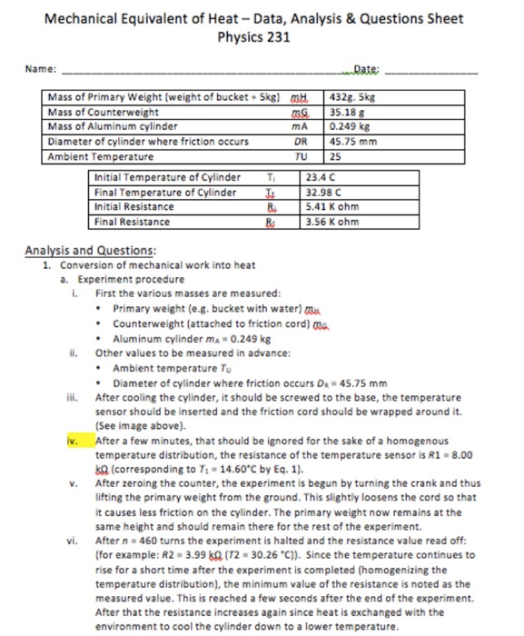 Mechanical Equivalent of Heat - Data, Analysis & | Chegg.com