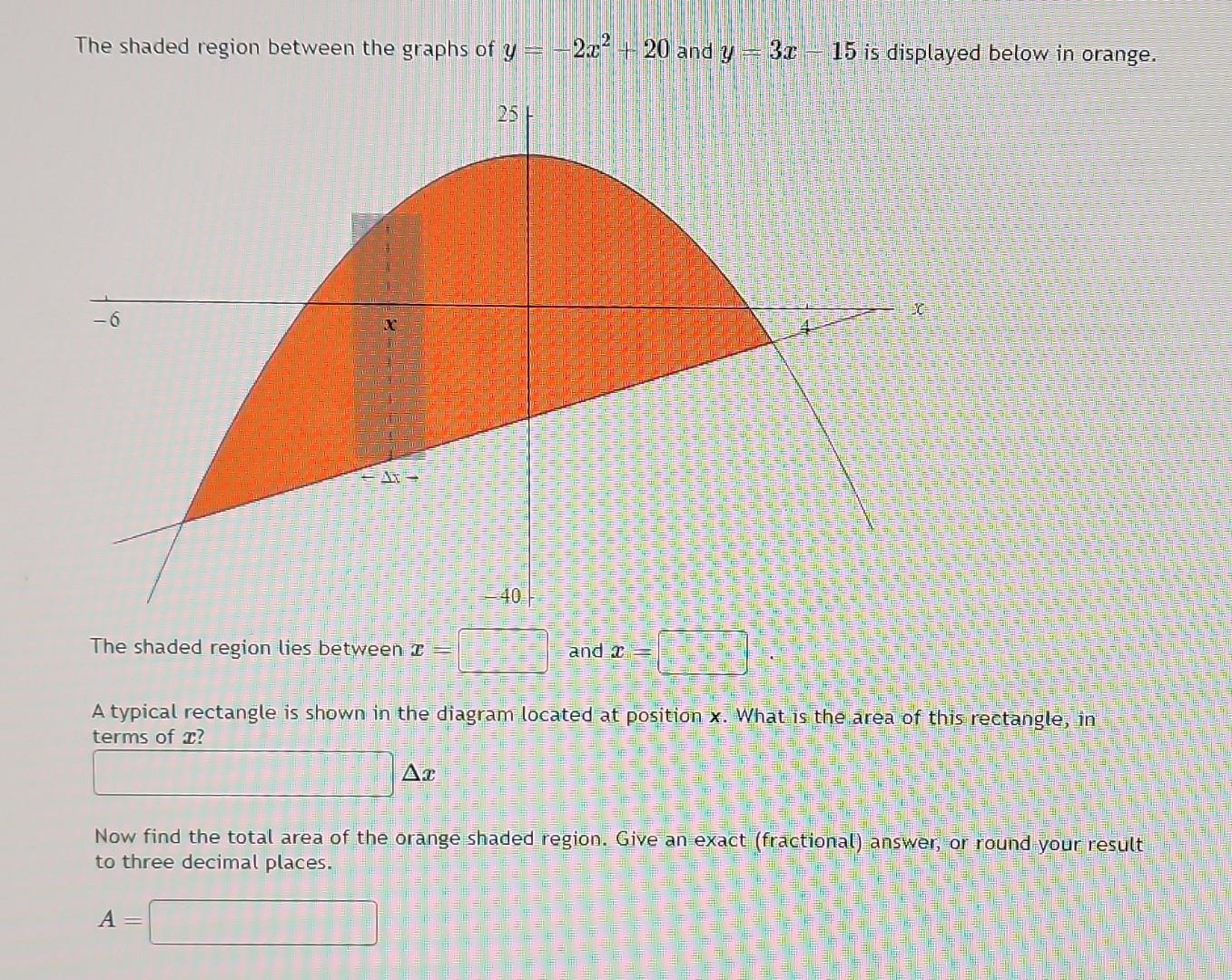 Solved The shaded region between the graphs of y=−2x2+20 and | Chegg.com