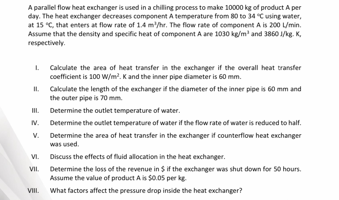 Solved A parallel flow heat exchanger is used in a chilling | Chegg.com