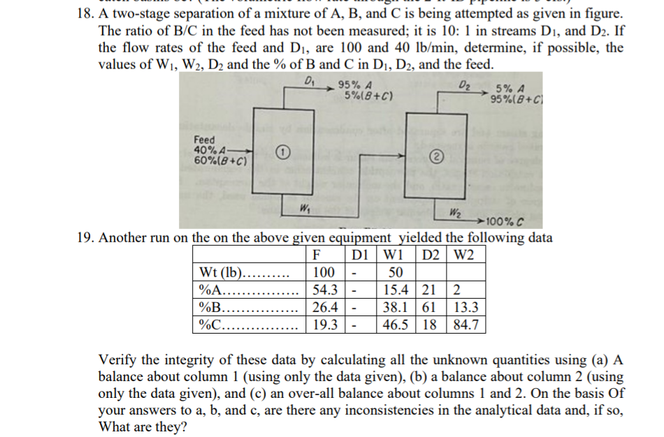A two-stage separation of a mixture of A,B, ﻿and C | Chegg.com