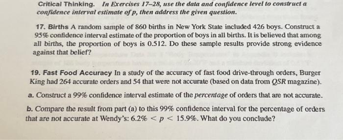Solved Critical Thinking. In Exercises 17−28, use the data | Chegg.com