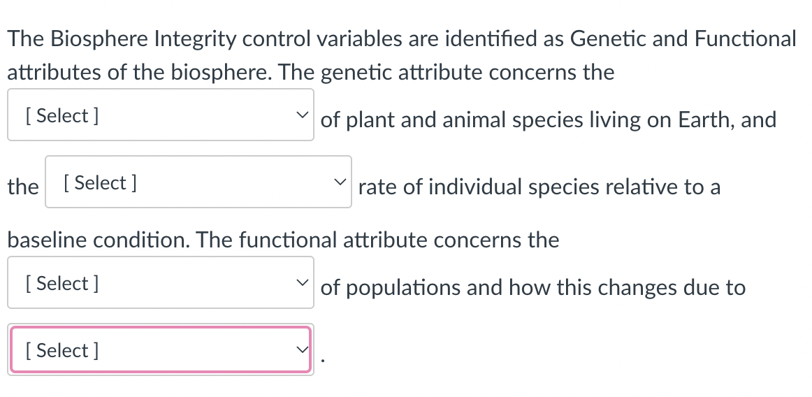 Solved The Biosphere Integrity control variables are | Chegg.com