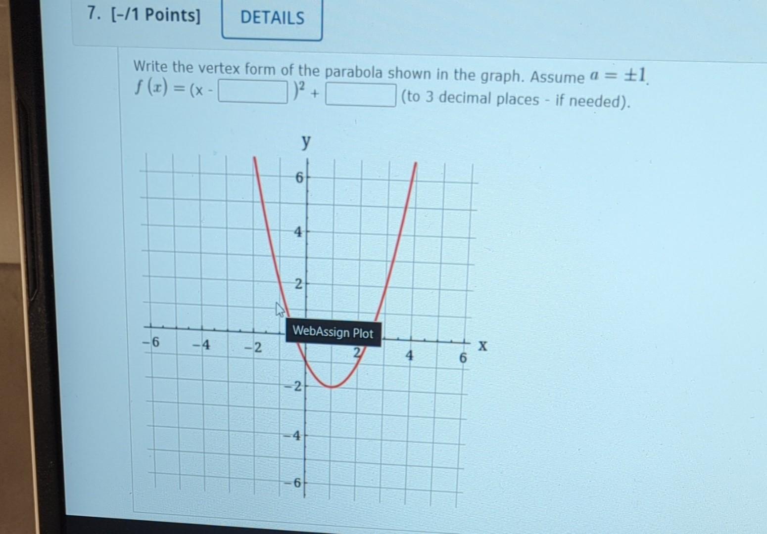Solved Write the vertex form of the parabola shown in the | Chegg.com