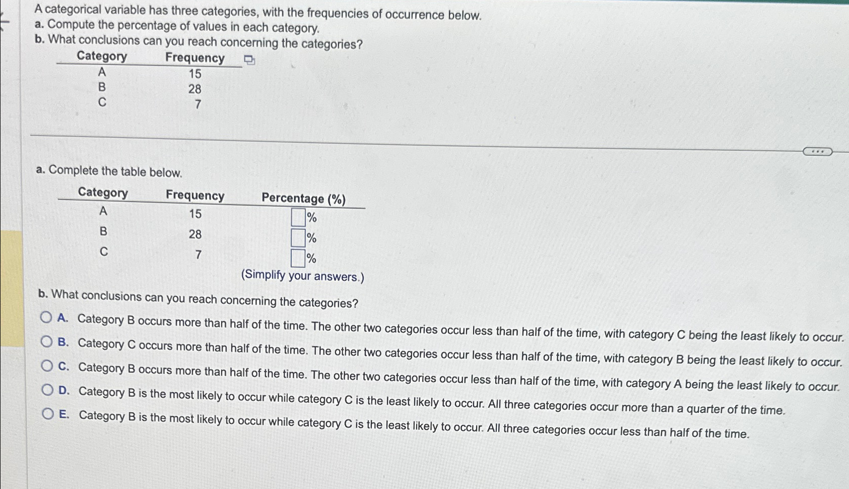 Solved A categorical variable has three categories, with the | Chegg.com
