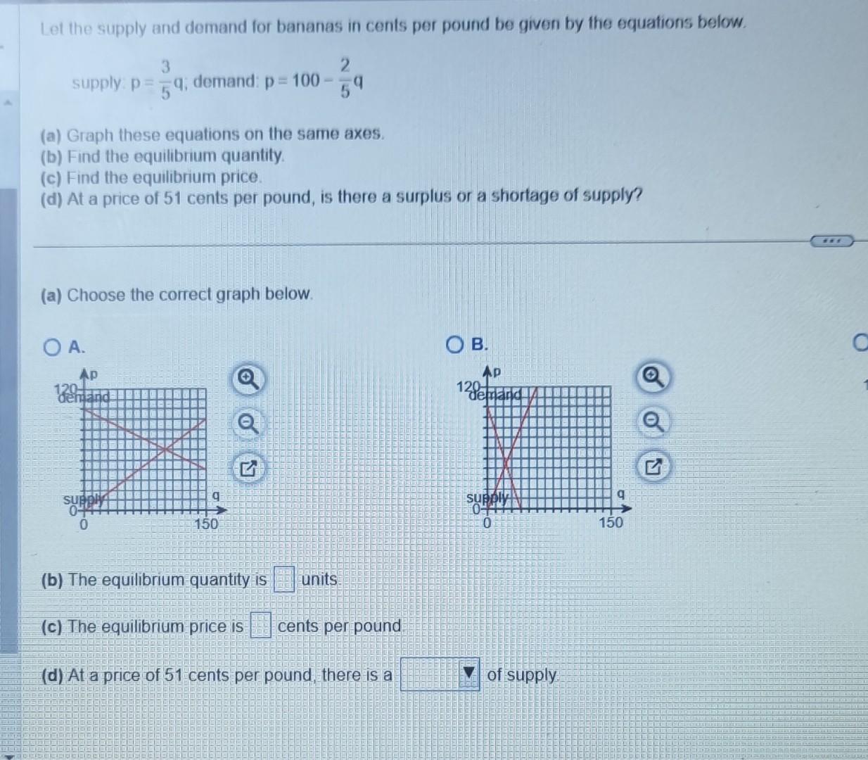 Solved Let the supply and demand for bananas in cents per | Chegg.com