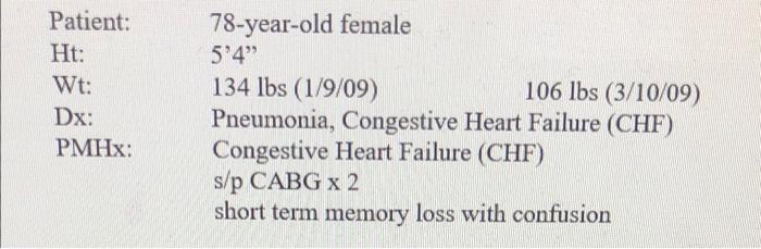 Solved Patient: Ht: Wt: Dx: PMHx: 78-year-old female 5'4" | Chegg.com