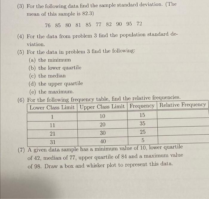Solved (3) For the following data find the sample standard | Chegg.com