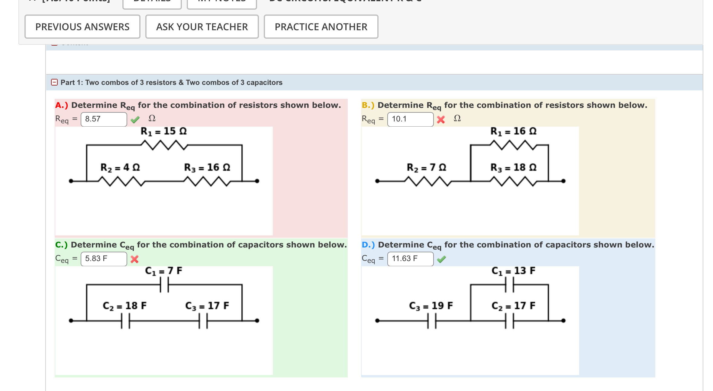 Solved PREVIOUS ANSWERSPart 1: Two combos of 3 ﻿resistors & | Chegg.com