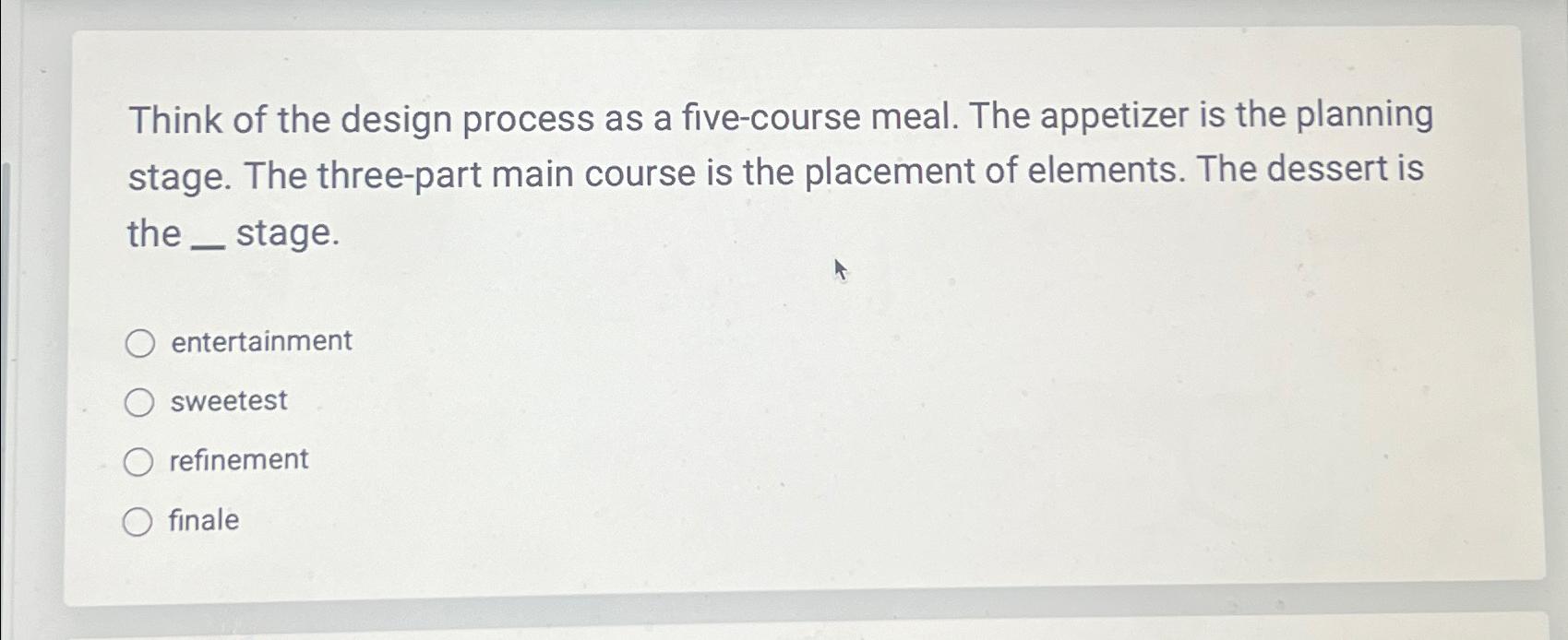 Solved Think of the design process as a five-course meal. | Chegg.com