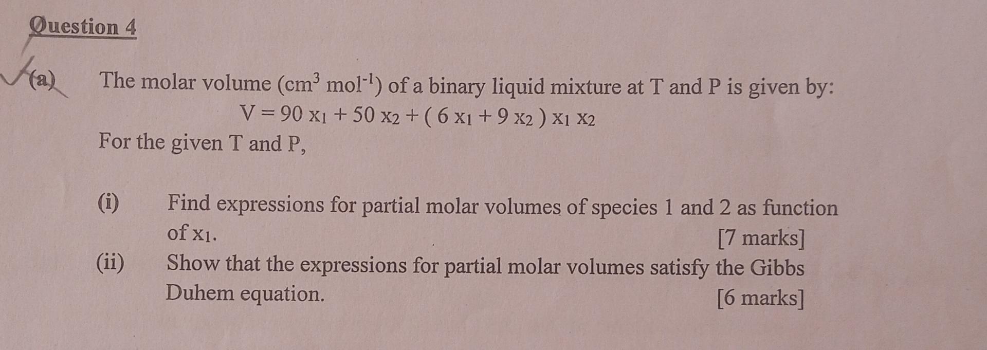 Solved The molar volume (cm3 mol−1) of a binary liquid | Chegg.com