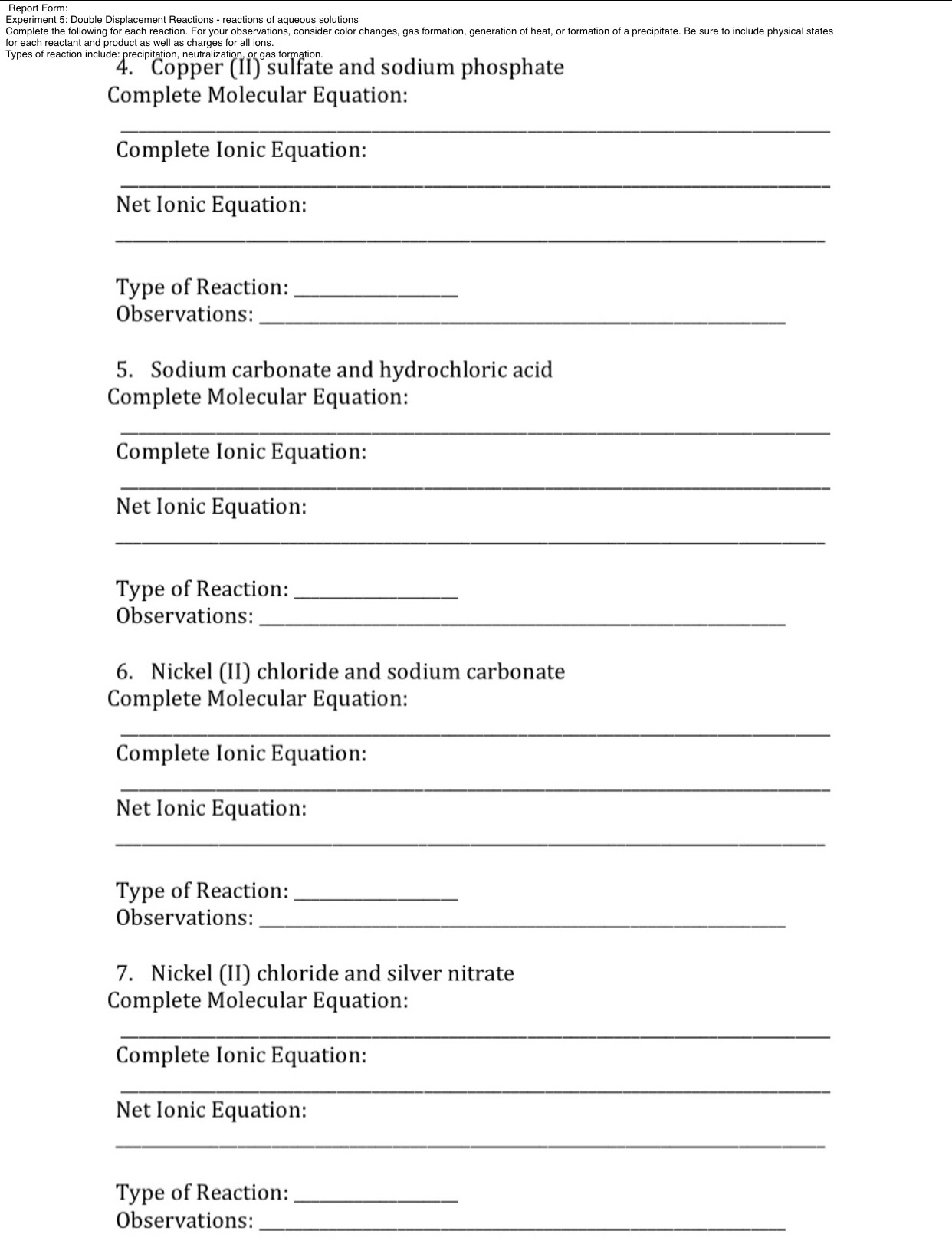 Solved Report Form:Experiment 5: Double Displacement | Chegg.com