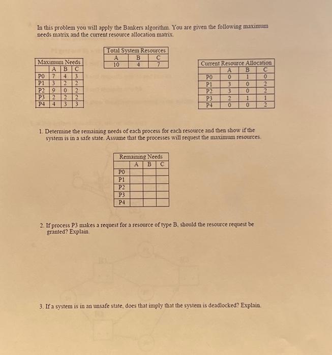 Solved In This Problem You Will Apply The Bankers Algorithm 
