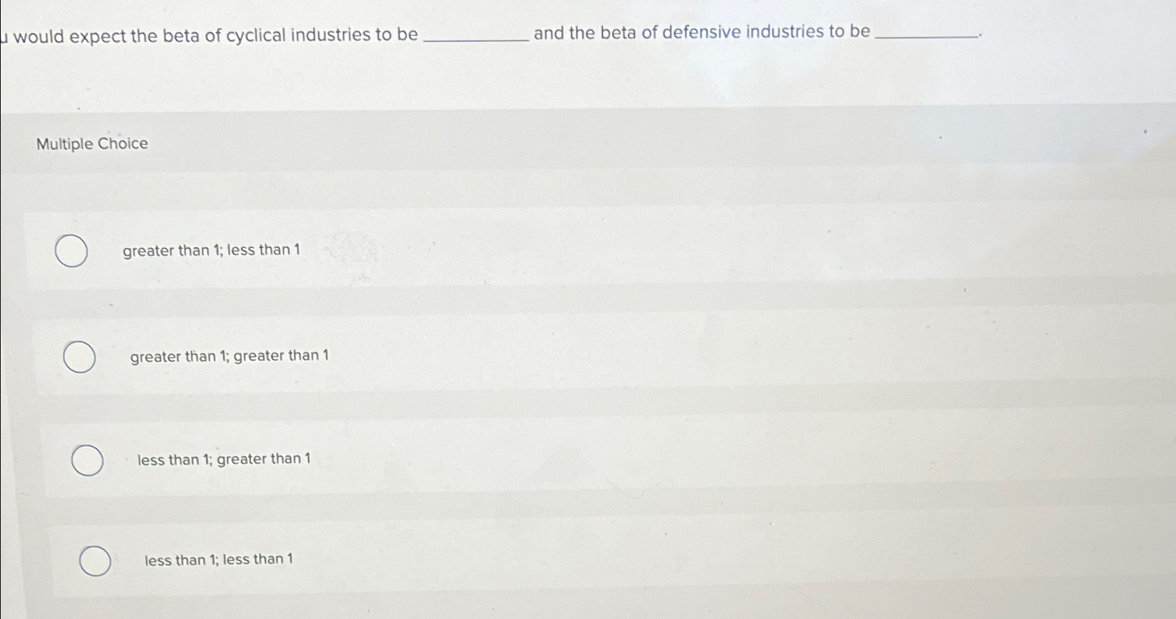 Solved would expect the beta of cyclical industries to be | Chegg.com