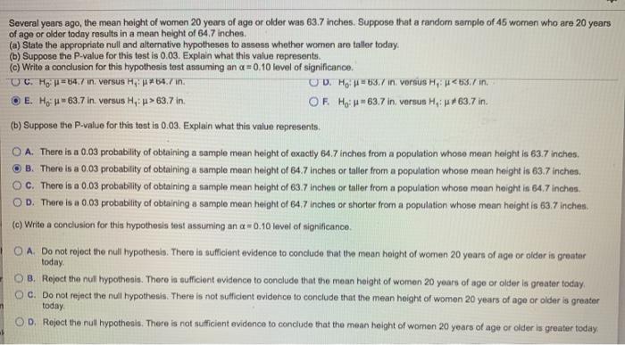 Solved Several years ago, the mean height of women 20 years | Chegg.com