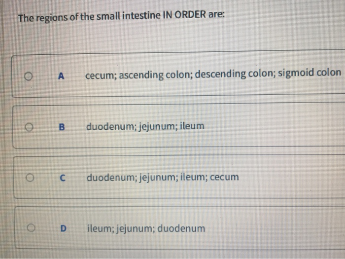 Solved The regions of the small intestine IN ORDER are: | Chegg.com