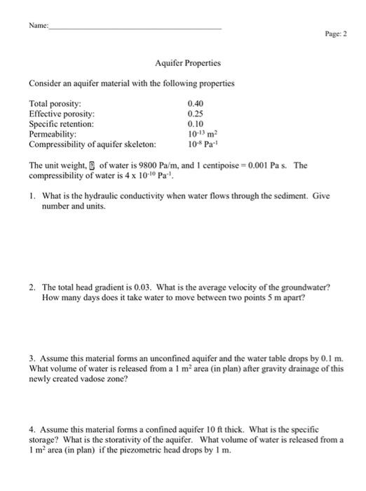 Solved Aquifer Properties Consider an aquifer material with | Chegg.com