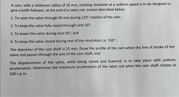 Solved A cam, with a minimum radius of 25 mm, rotating | Chegg.com