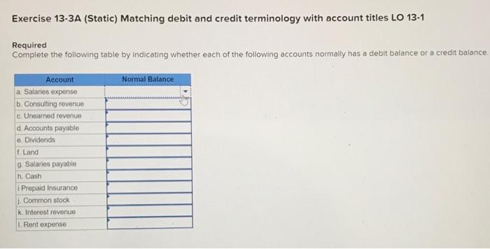 Solved Exercise 13-3A (Static) Matching debit and credit | Chegg.com