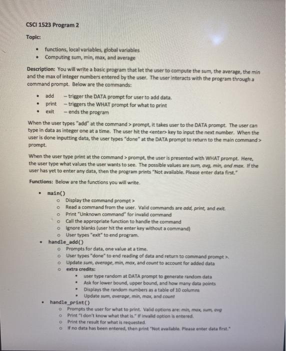 Solved In Python Csci 1523 Program 2 Topic Functions