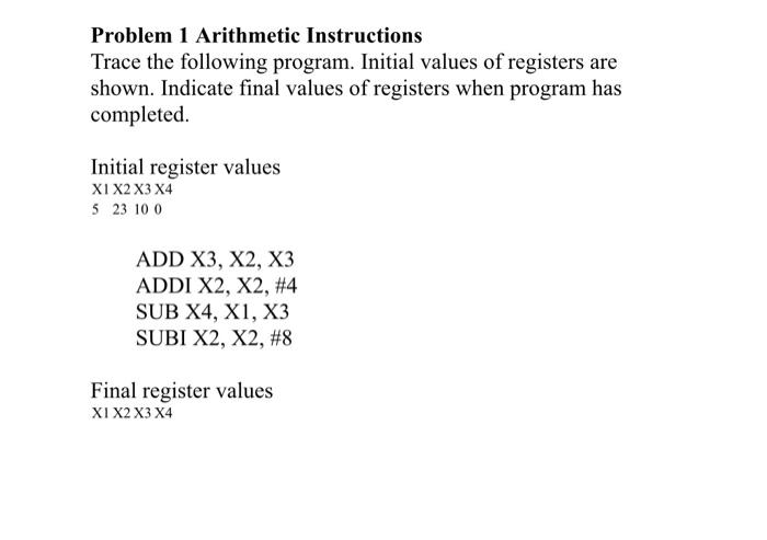 Solved Problem 1 Arithmetic Instructions Trace the following | Chegg.com