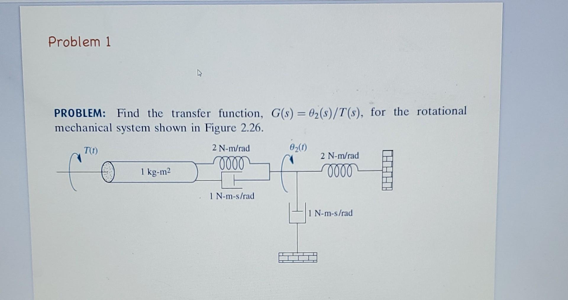 Solved PROBLEM: Find the transfer function, G(s)=θ2(s)/T(s), | Chegg.com Solved PROBLEM: Find the transfer function, G(s)=θ2(s)/T(s), | Chegg.com