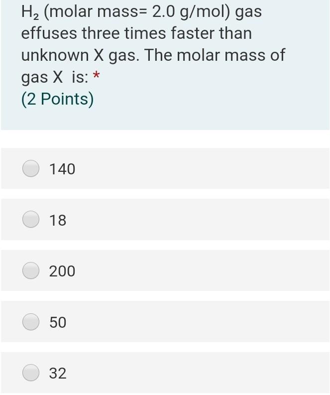 Solved H2 (molar mass= 2.0 g/mol) gas effuses three times | Chegg.com
