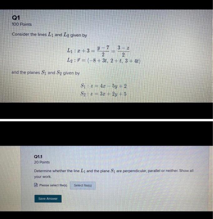 Solved Q1 100 Points Consider the lines L and L2 given by y | Chegg.com