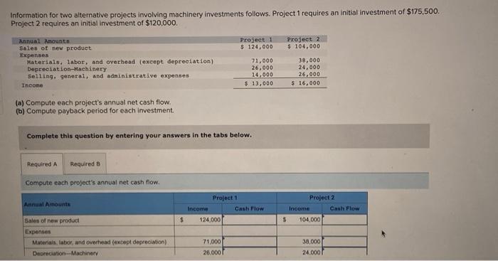 Solved Information for two alternative projects involving | Chegg.com
