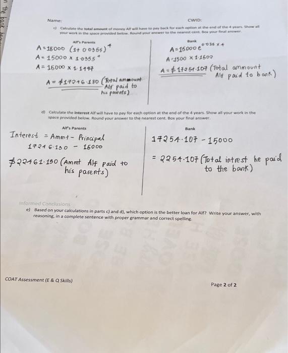 Solved on the bank Name CWID: Calculate the total amount of | Chegg.com