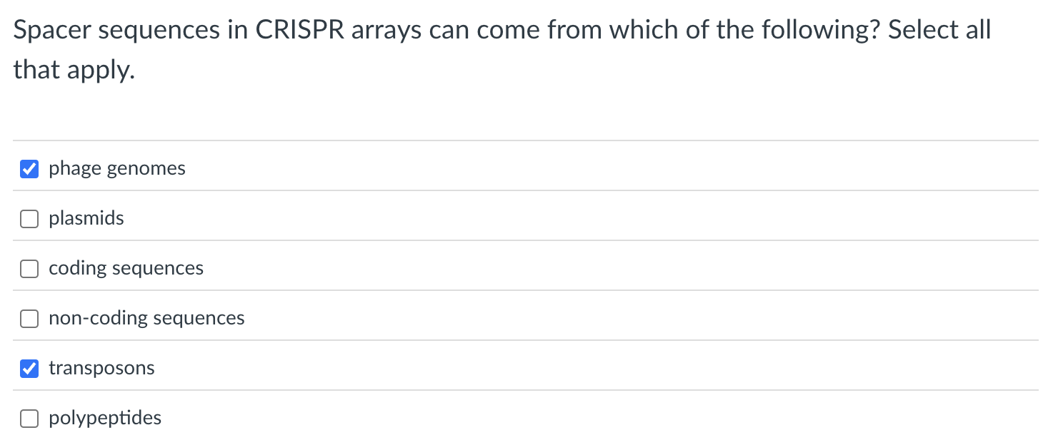 Solved Spacer sequences in CRISPR arrays can come from which | Chegg.com