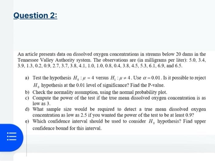 Solved An article presents data on dissolved oxygen | Chegg.com