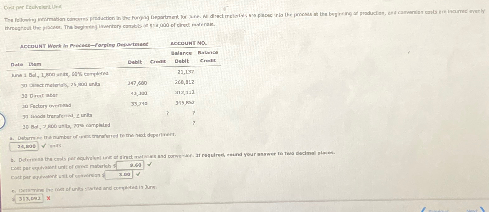 Solved Cost per Equivalent Unit throughout the process. The | Chegg.com