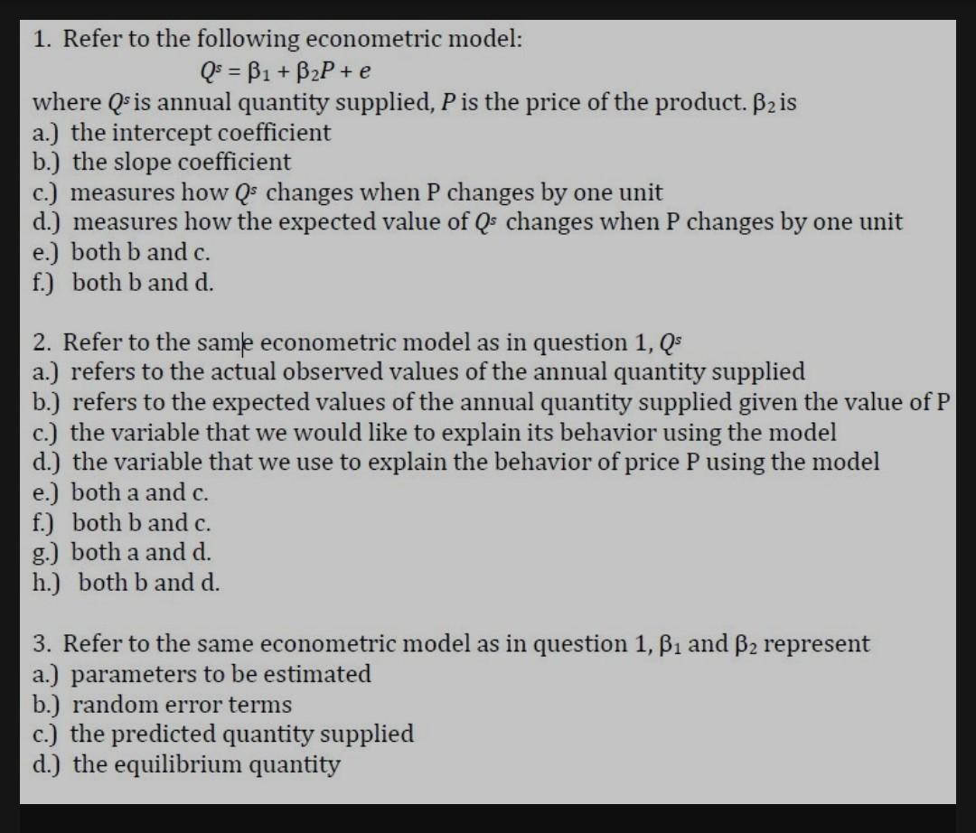 Solved 1. Refer to the following econometric model: | Chegg.com