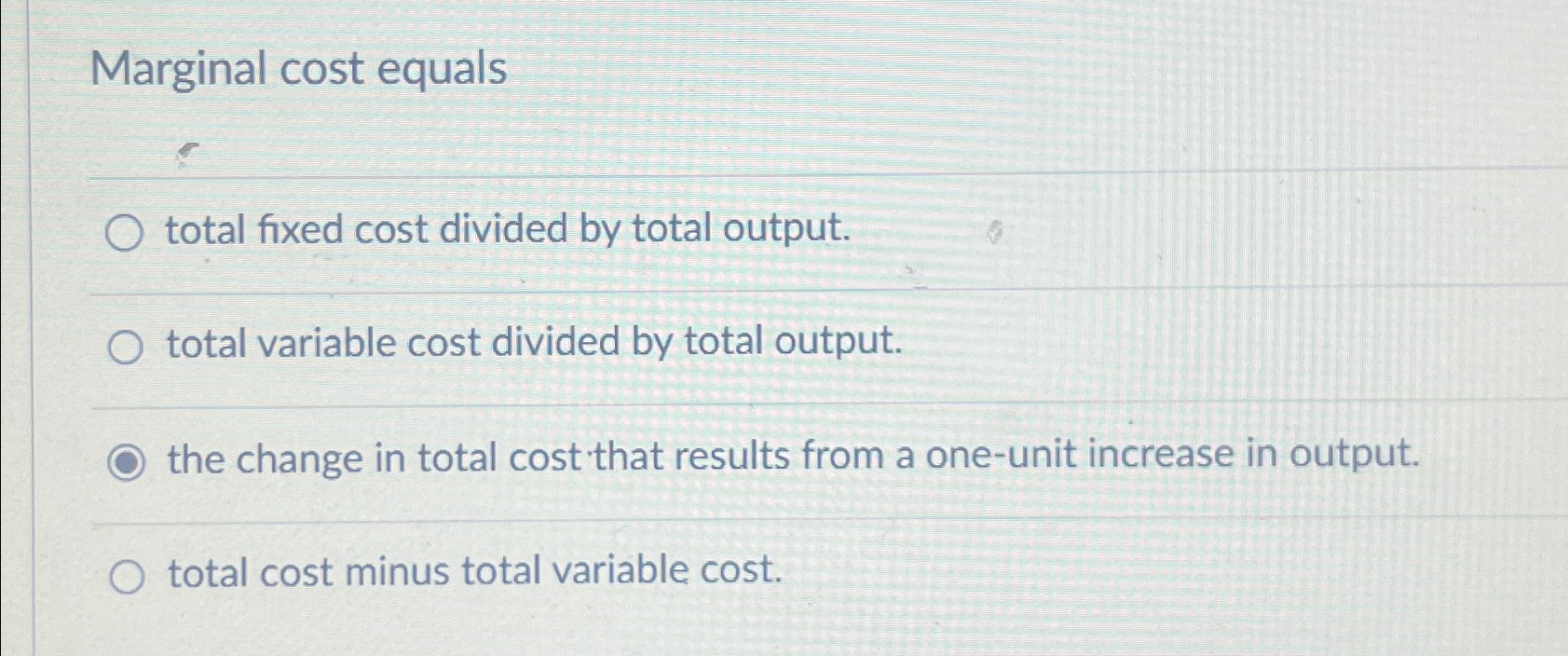 Solved Marginal cost equalsq,total fixed cost divided by | Chegg.com