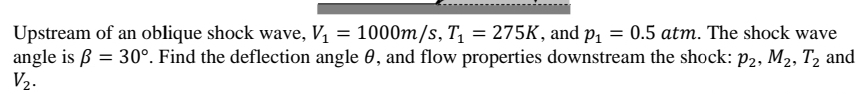 Solved Upstream of an oblique shock wave, V1=1000ms,T1=275K, | Chegg.com