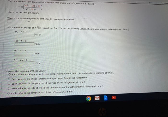 Solved The temperature T (in degrees Fahrenheit) of food | Chegg.com