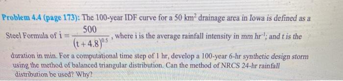 Solved 2 Problem 4.4 (page 173): The 100-year IDF curve for | Chegg.com