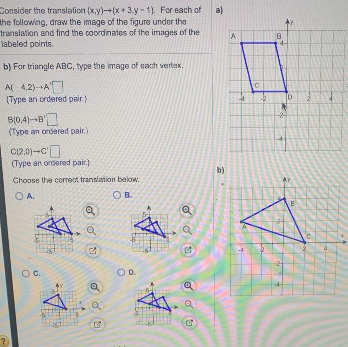 Solved a) Consider the translation (x,y)—(X+3,y-1). For each | Chegg.com