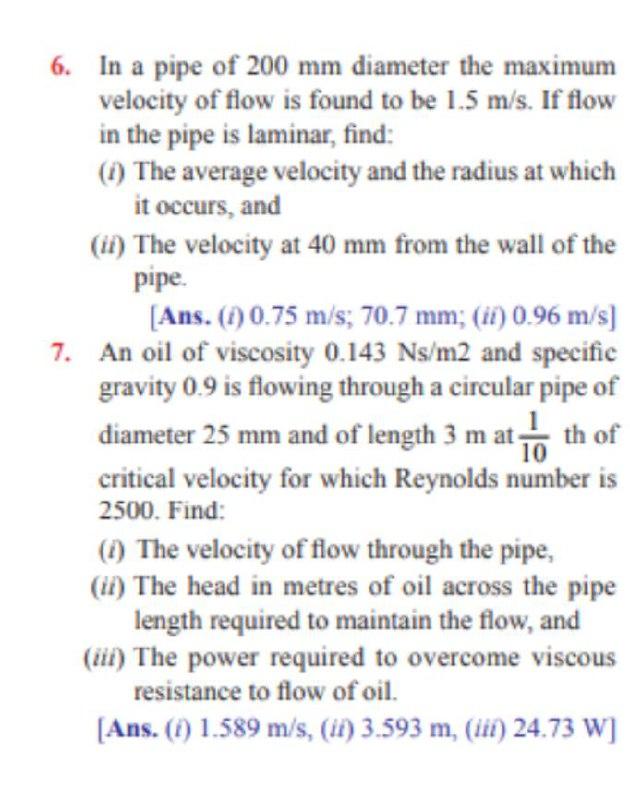 Solved 6. In a pipe of 200 mm diameter the maximum velocity | Chegg.com