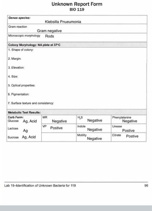 Solved Unknown Report Form BIO 119 Lab 19 -Identification of | Chegg.com