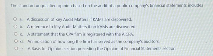 Solved The standard unqualified opinion based on the audit | Chegg.com