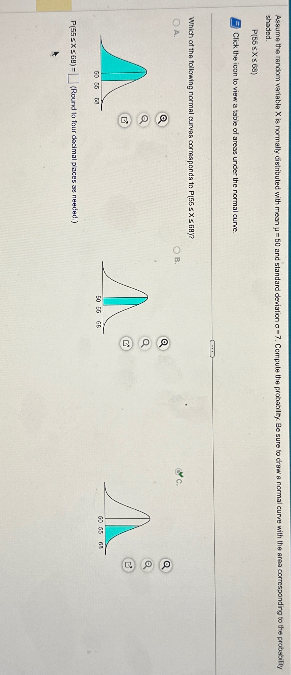 shaded.P(55≤x≤68)Click the icon to view a table of | Chegg.com