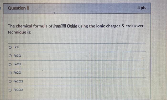 Solved Question 8 4 pts The chemical formula of Iron(III) | Chegg.com