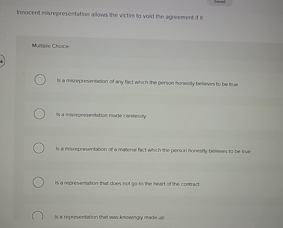 Solved SavedInnocent misrepresentation allows the victim to | Chegg.com