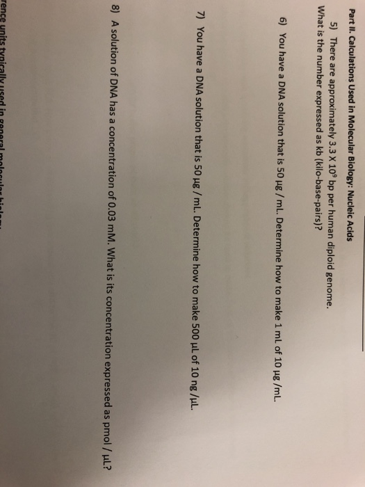 Solved Part II. Calculations Used in Molecular Biology: | Chegg.com
