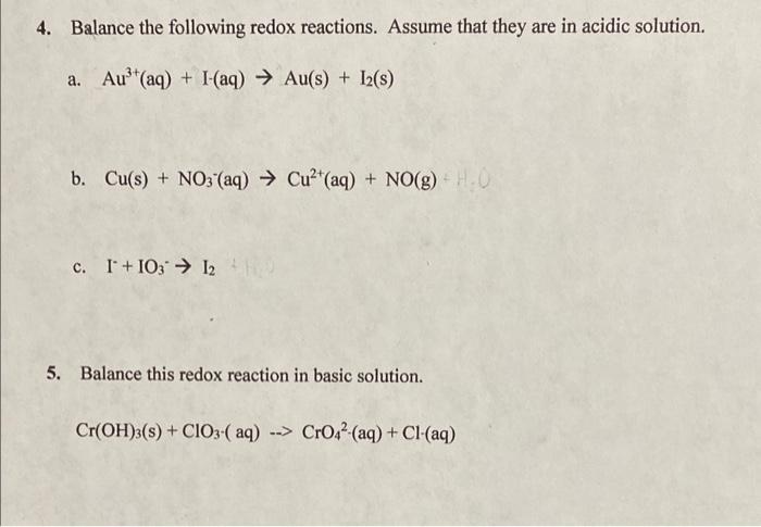 Solved Balance the following redox reactions. Assume that | Chegg.com