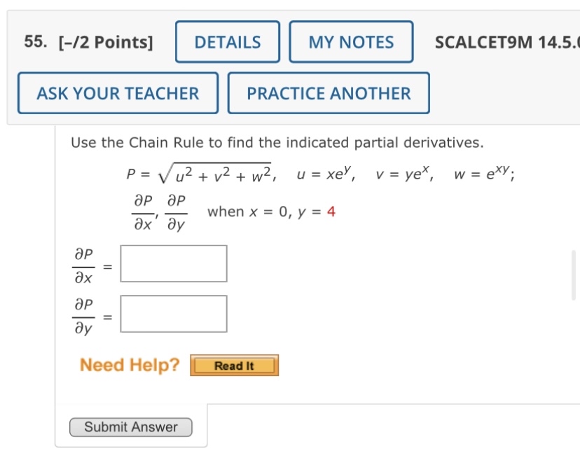 Solved [-/2 ﻿Points]SCALCET9M 14.5.Use the Chain Rule to | Chegg.com